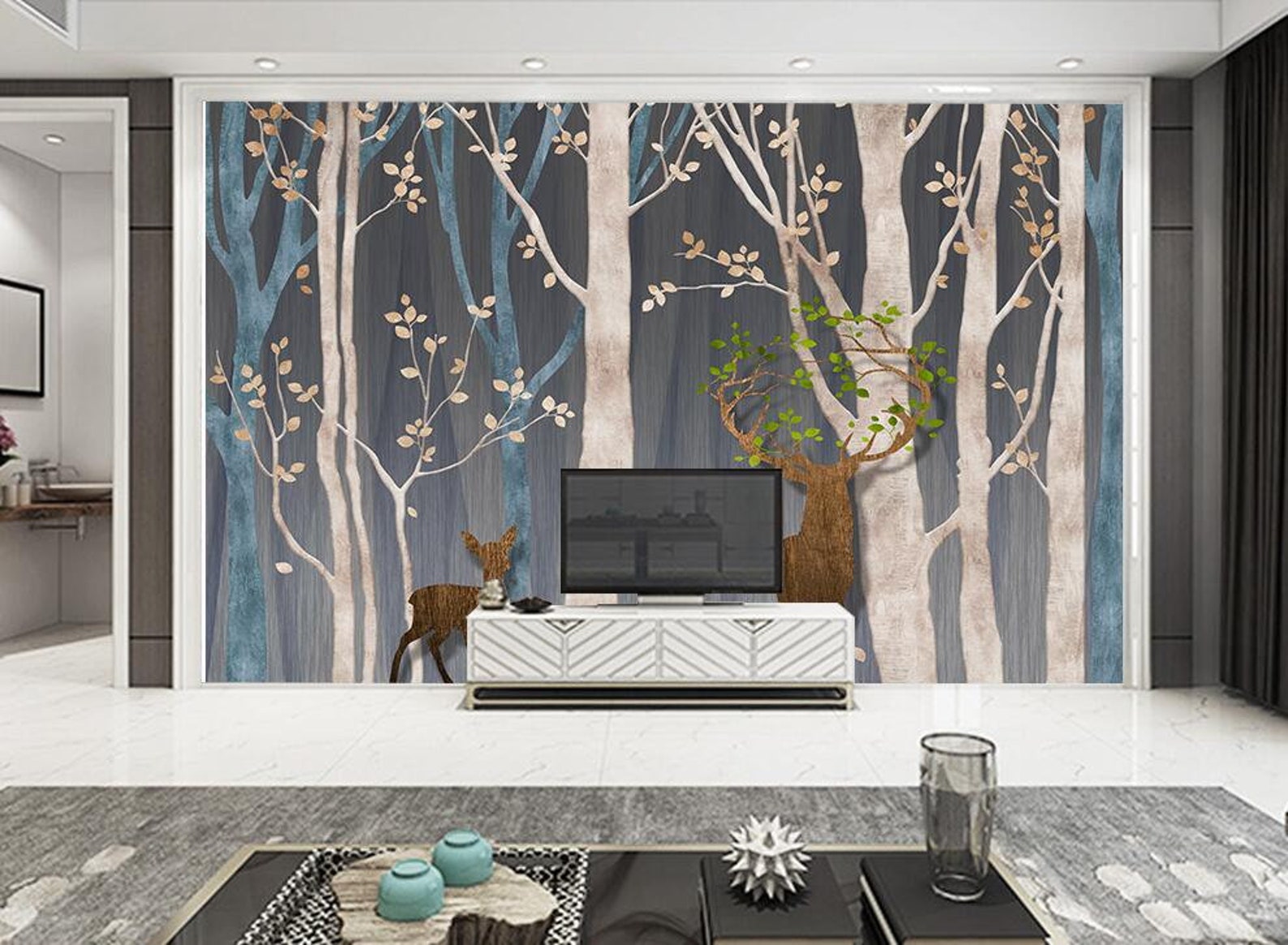 Woodland Forest Scene Wall Mural Deer Trees Wallpaper Wooden - Etsy
