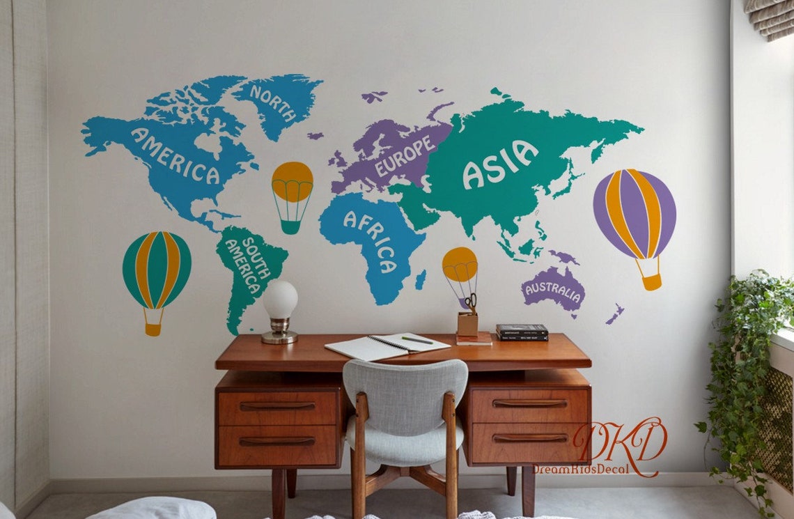 World Map With Hot Air Balloon Nursery World Map Decal for - Etsy
