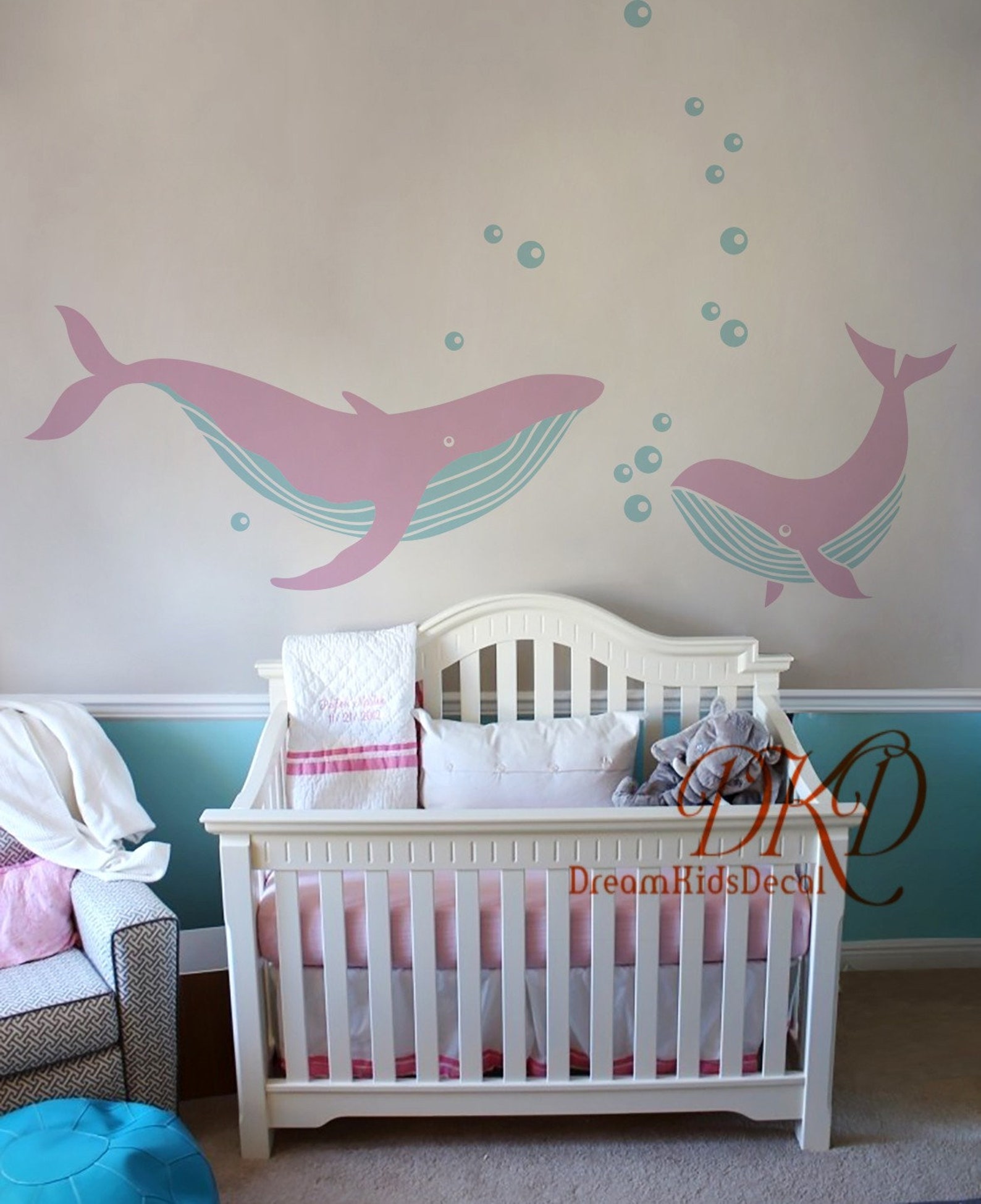 Wall Decal Two-colored Whales, Whale Decal Under Water, Ocean Theme ...