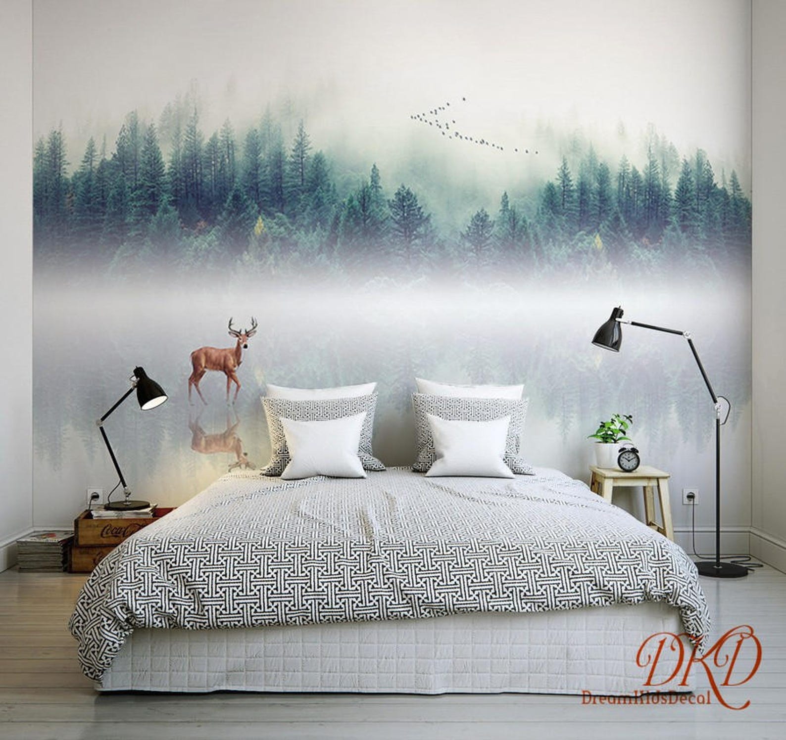 Foggy Forest Scene Mural, Wall Decal, Bucks in Green Forest Wallpaper ...