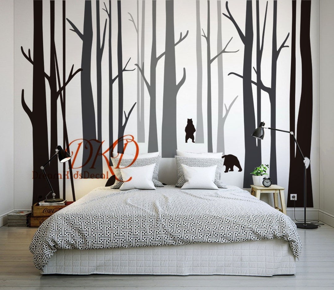 Tree Wall Decal Bears in Forest Wall Mural Nursery Wall Decal Vinyl ...
