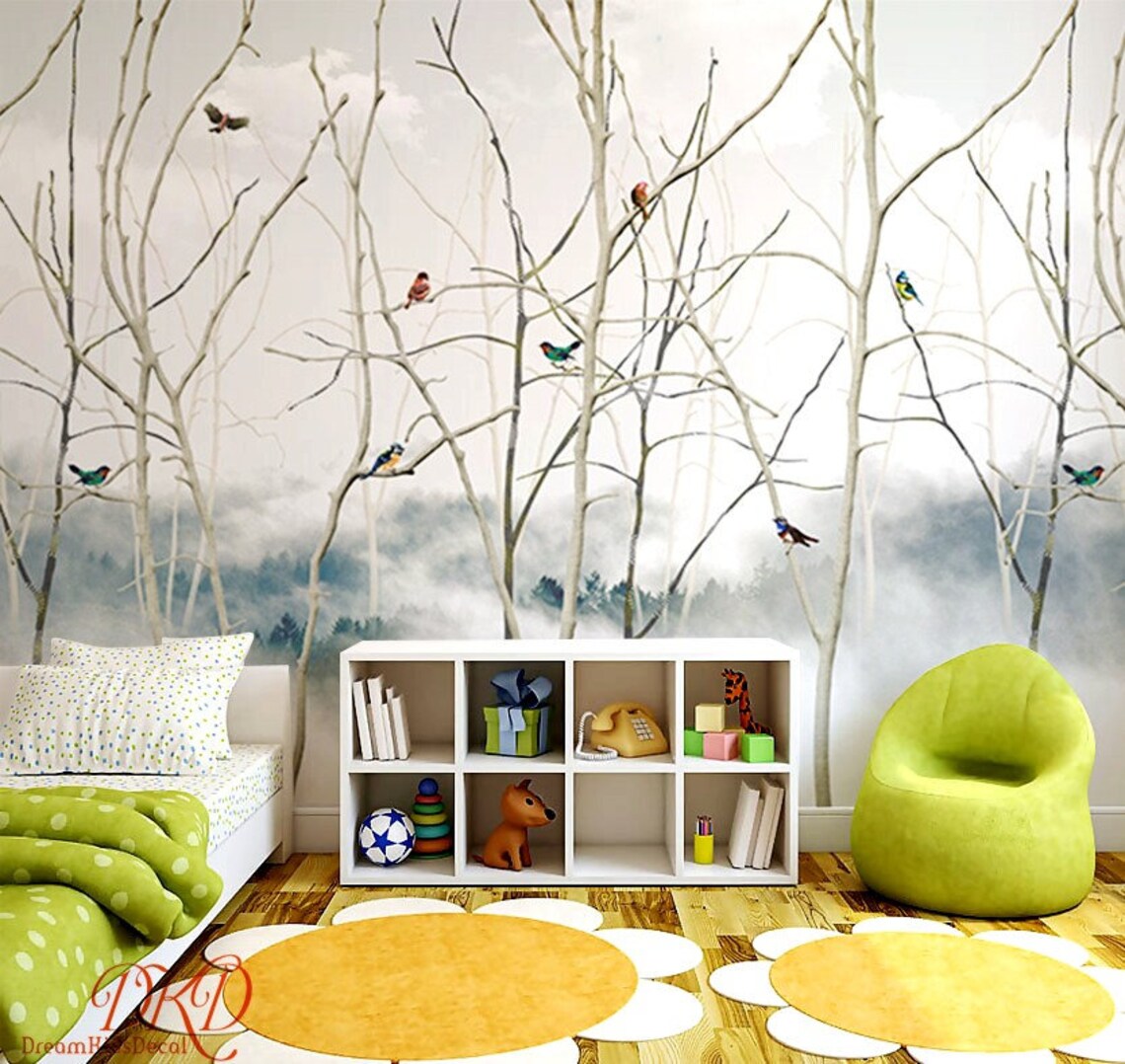 Soft Chinoiserie Wall Mural on Grey Ink Landscape Tree With - Etsy