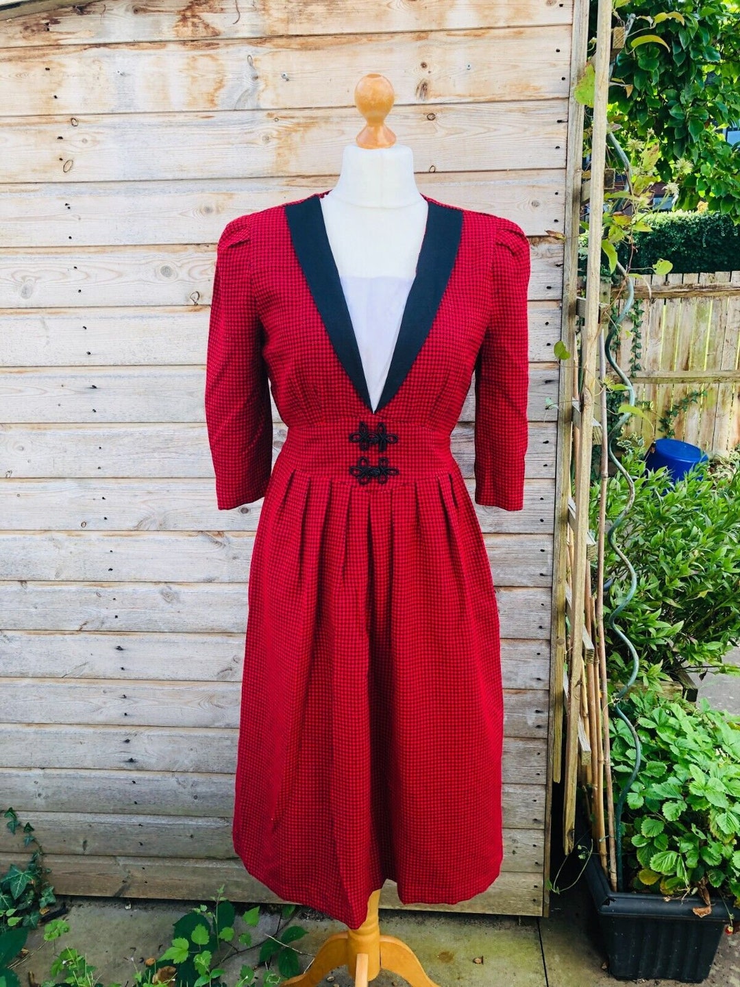 Vintage Red Check Dress Check 80's Elasticated Waist Size 10/12 ...