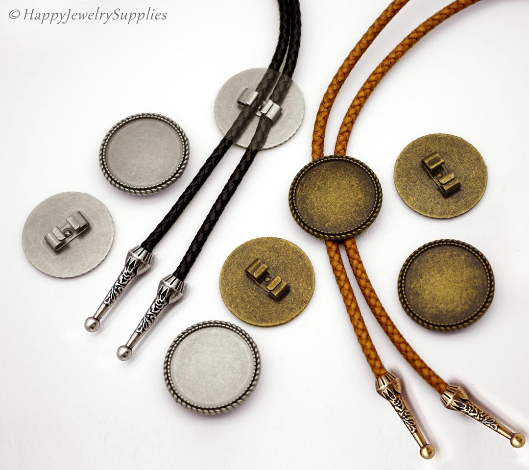 Round Base DIY Bolo Tie Slide Bezels, Leather Cord Bolo Ties, Bolo Tie ...