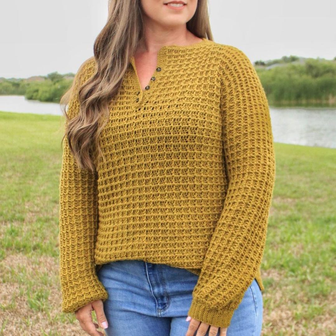 Crochet Waffle Stitch Henley Shirt Pattern: Women's Sweater (PDF ...