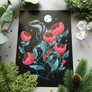 Badger and Red Flowers- Hand Signed Art Print on Textured High Quality ...
