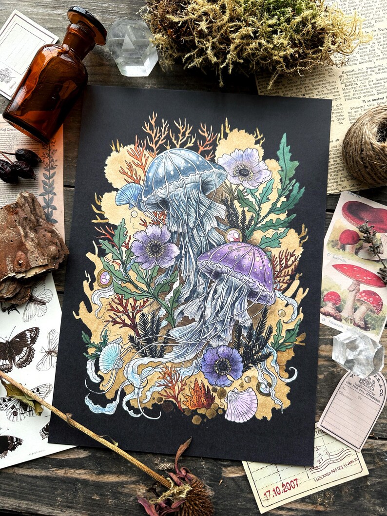 Magical Jellyfish- Hand Signed Art Print on Natural High Quality Paper ...