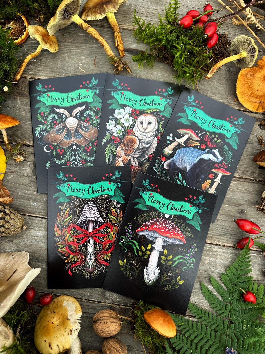 Set of 5 Different Designed Christmas Cards -magical Winter Animals ...