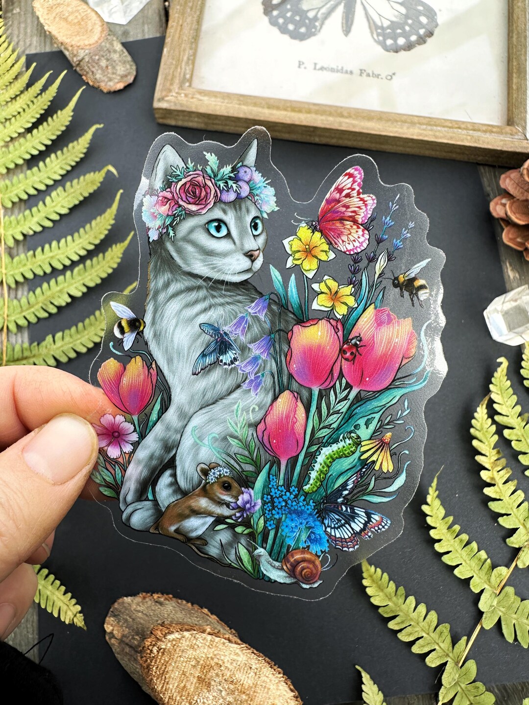 Beautiful Transparent Vinyl Sticker- Grey Cat and Flowers - Waterproof ...