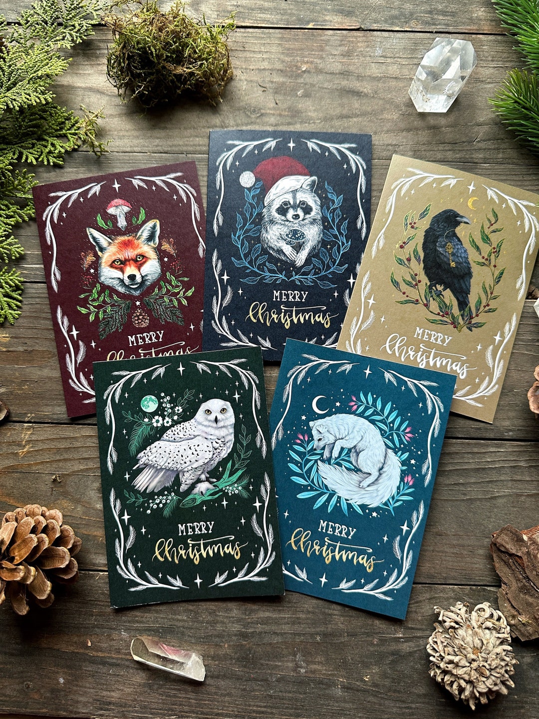 Set of 5 Different Designed Christmas Cards -magical Winter Animals ...