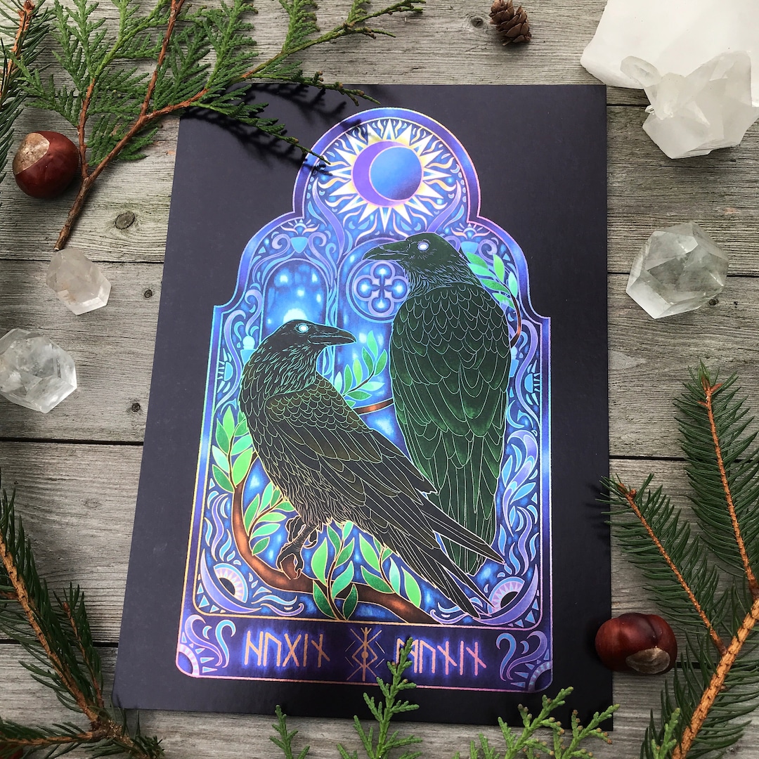 Hugin and Munin Raven- Hand Signed Art Print on Metallic Shimmering ...