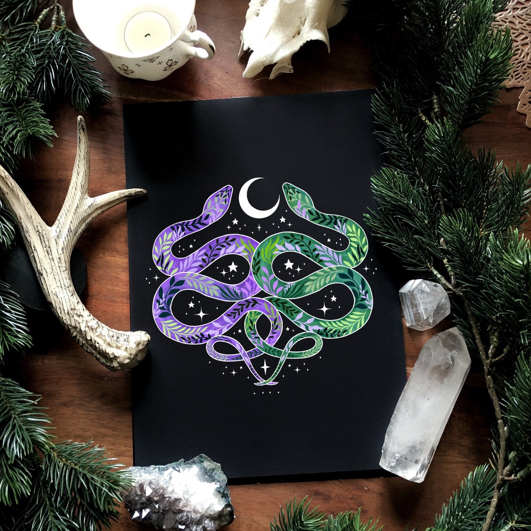 Moon Snakes Hand Signed Art Print on Textured High Quality Paper witch ...