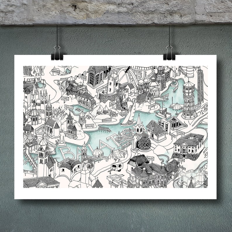 Balaton ART PRINT Panoramic Wall Art, Hungary Hand Drawn Map, Modern ...