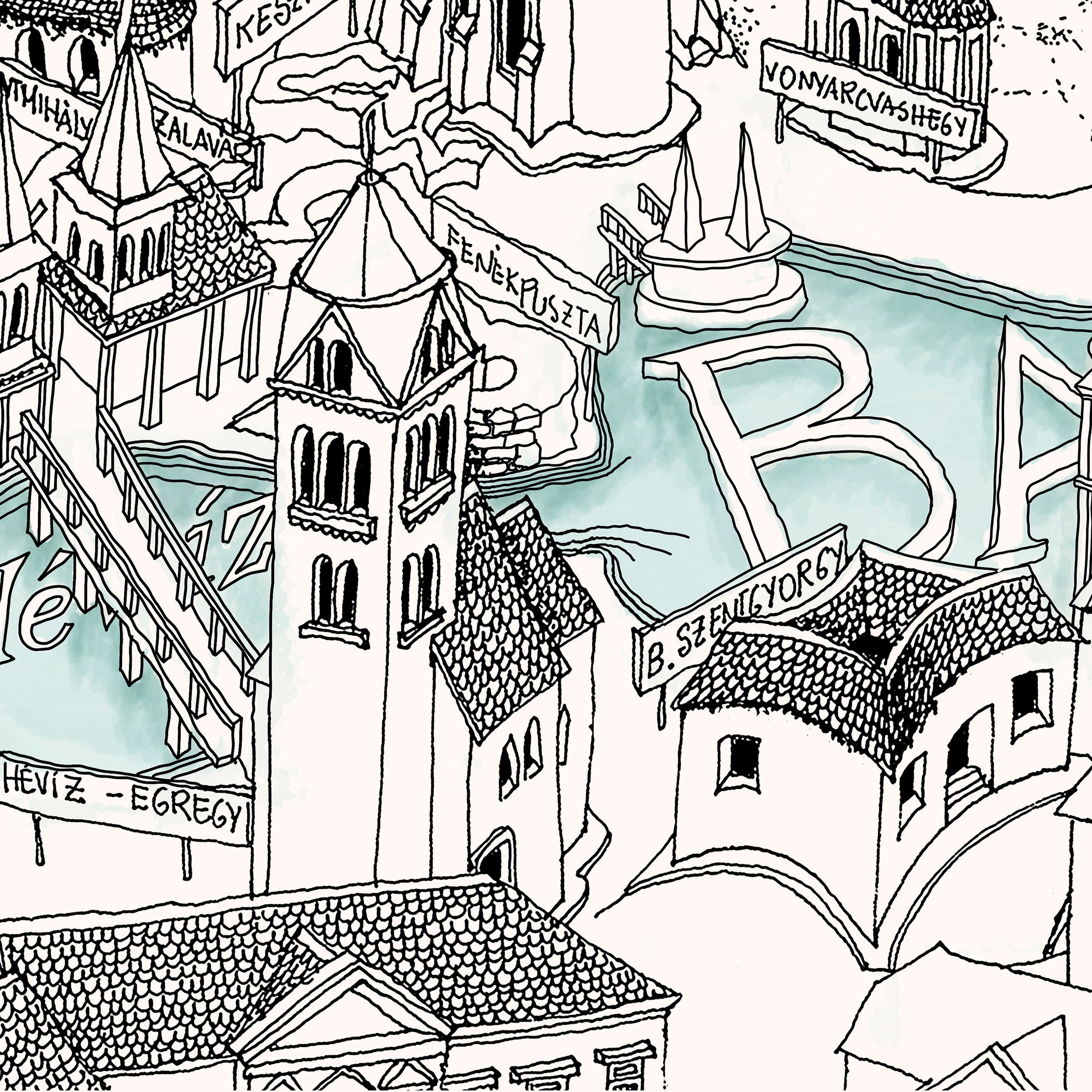 Balaton ART PRINT Panoramic Wall Art, Hungary Hand Drawn Map, Modern ...