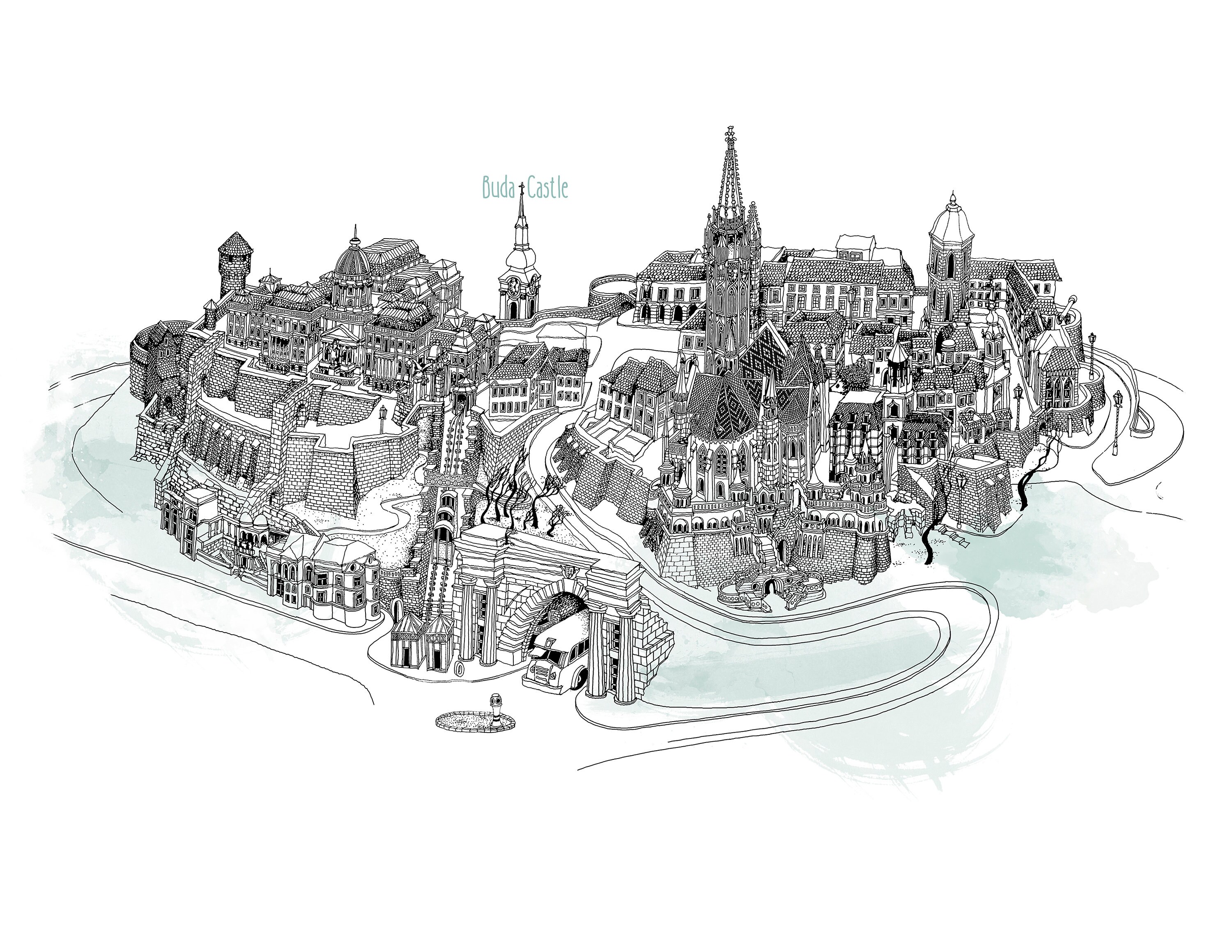 Budapest Print, Coloring Poster Buda Castle, Budapest Art, Digital ...