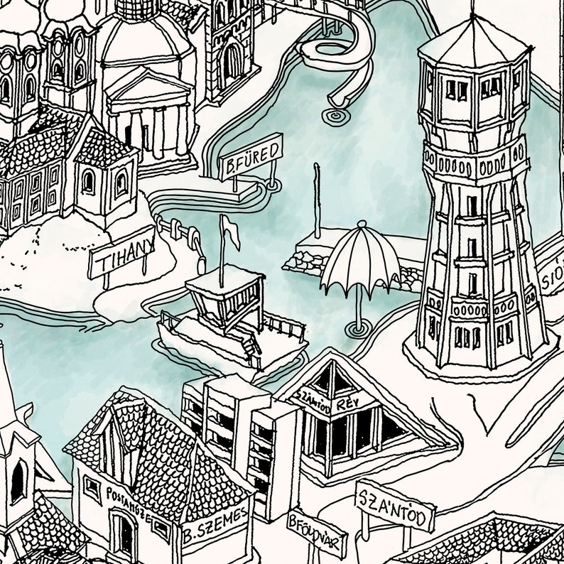 Balaton ART PRINT Panoramic Wall Art, Hungary Hand Drawn Map, Modern ...