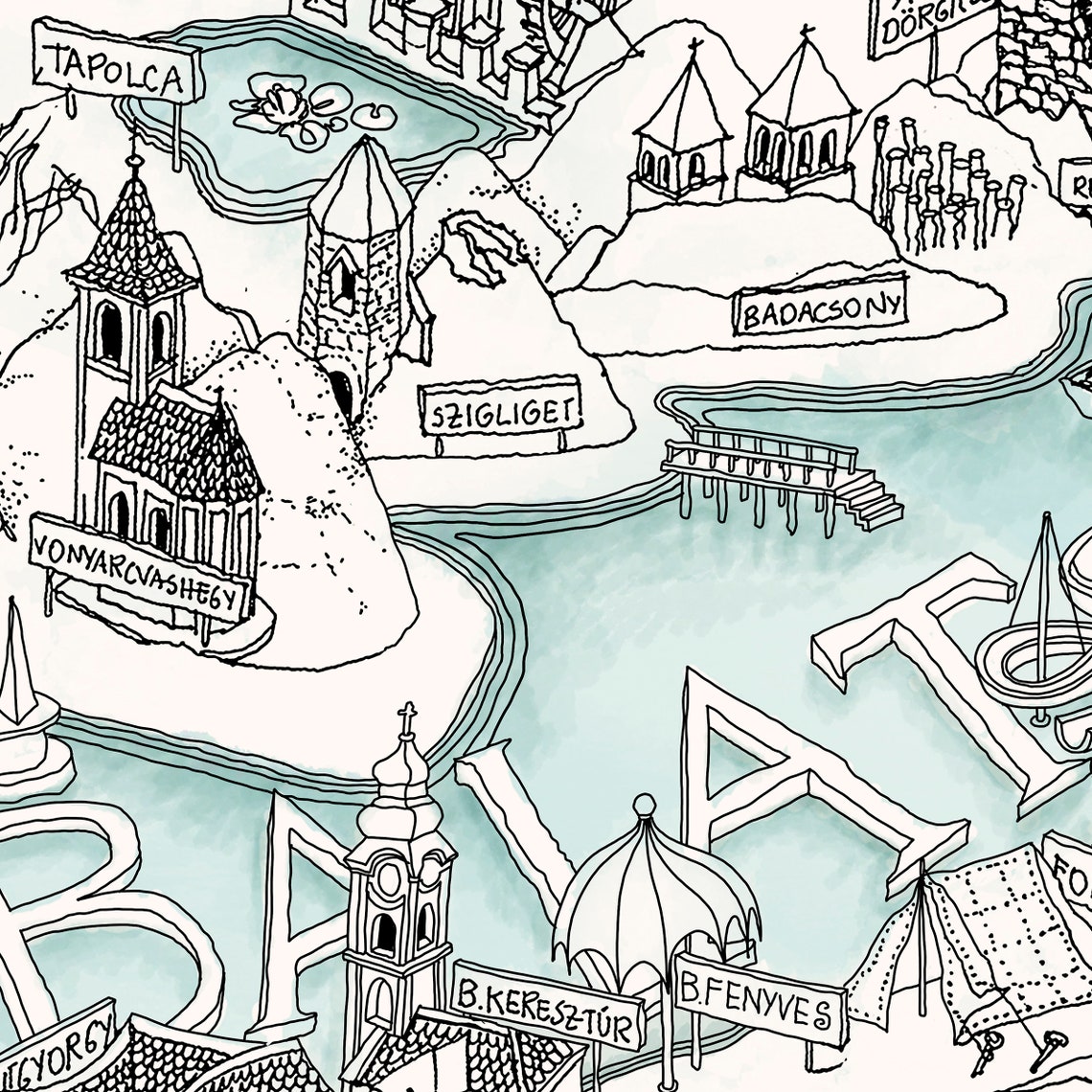 Balaton ART PRINT Panoramic Wall Art, Hungary Hand Drawn Map, Modern ...