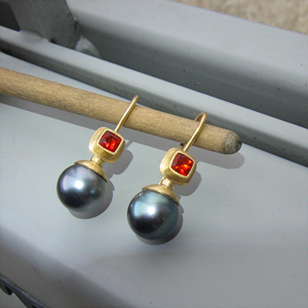 Tahitian Pearl Earrings With Fire Opal in 18k Gold - Etsy