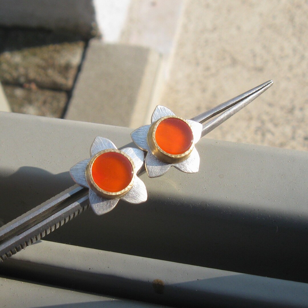 Carnelian Flower Earrings in 18k Gold and Sterling Silver - Etsy