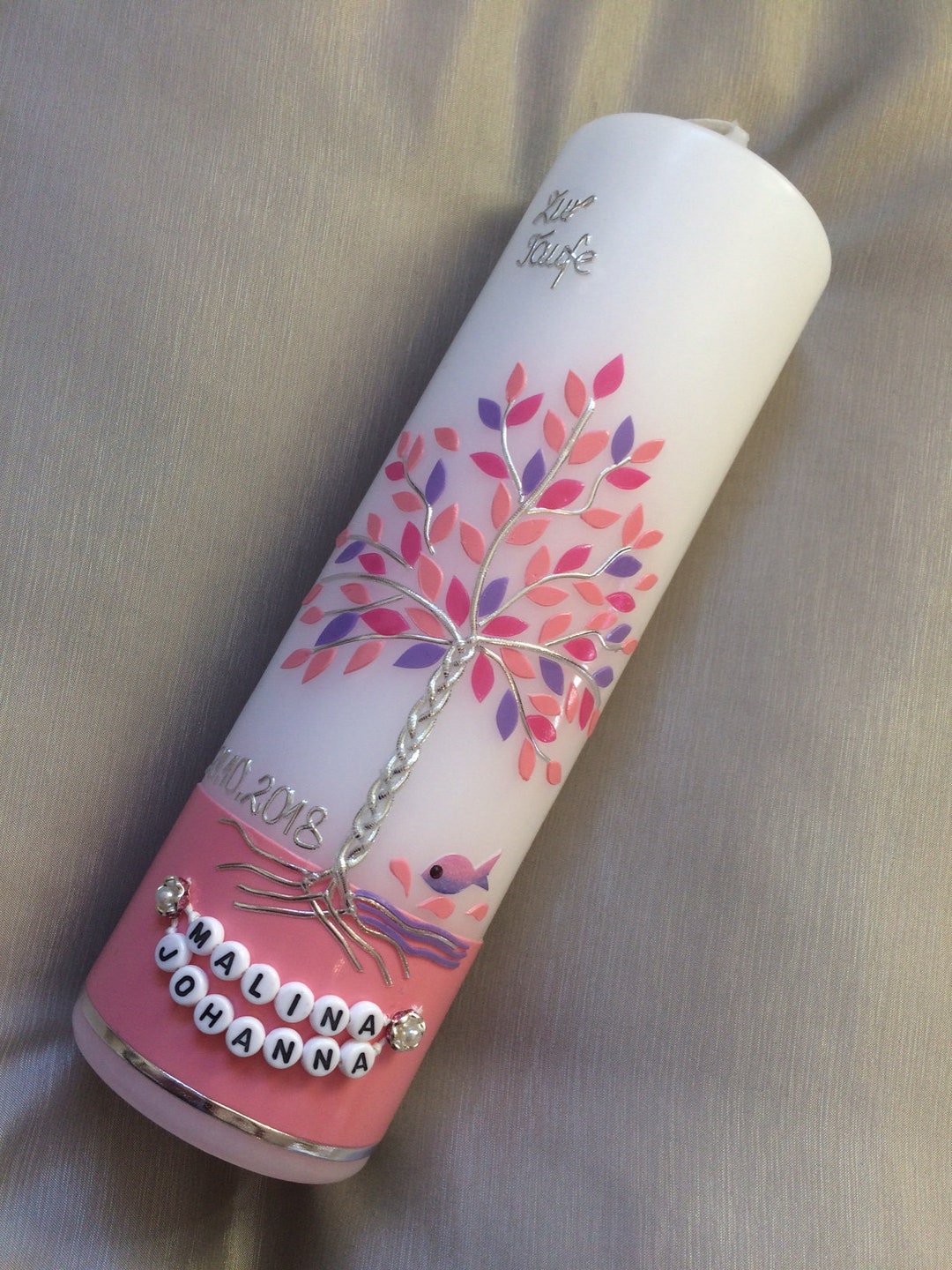 Taufkerze Tree Girl Young Candle-baptism-handmade-no Foil-letter Beads ...