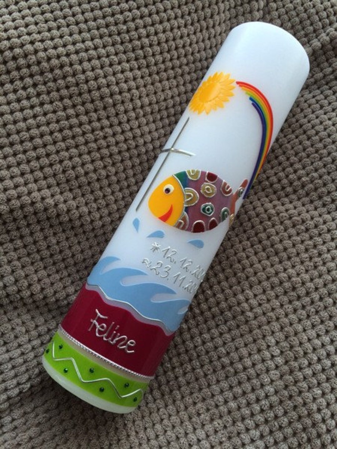 Baptismal Candle With Colorful Fish, Rainbow, Cross, Sun, Including ...