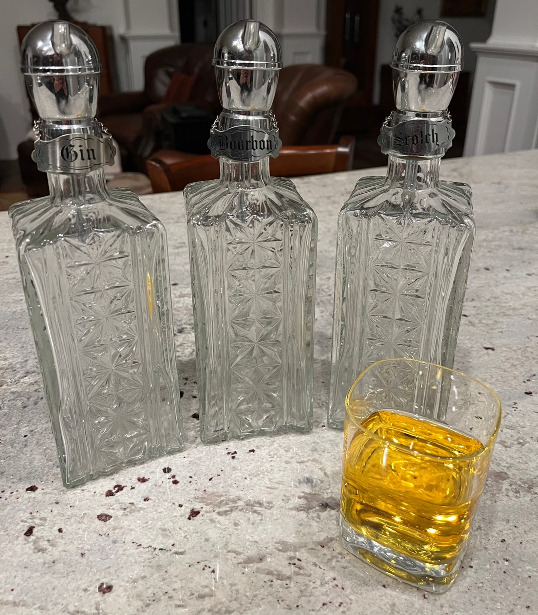 Vintage Set of 3 Liquor Decanters Crystal Glass With Chrome Pour Spouts ...