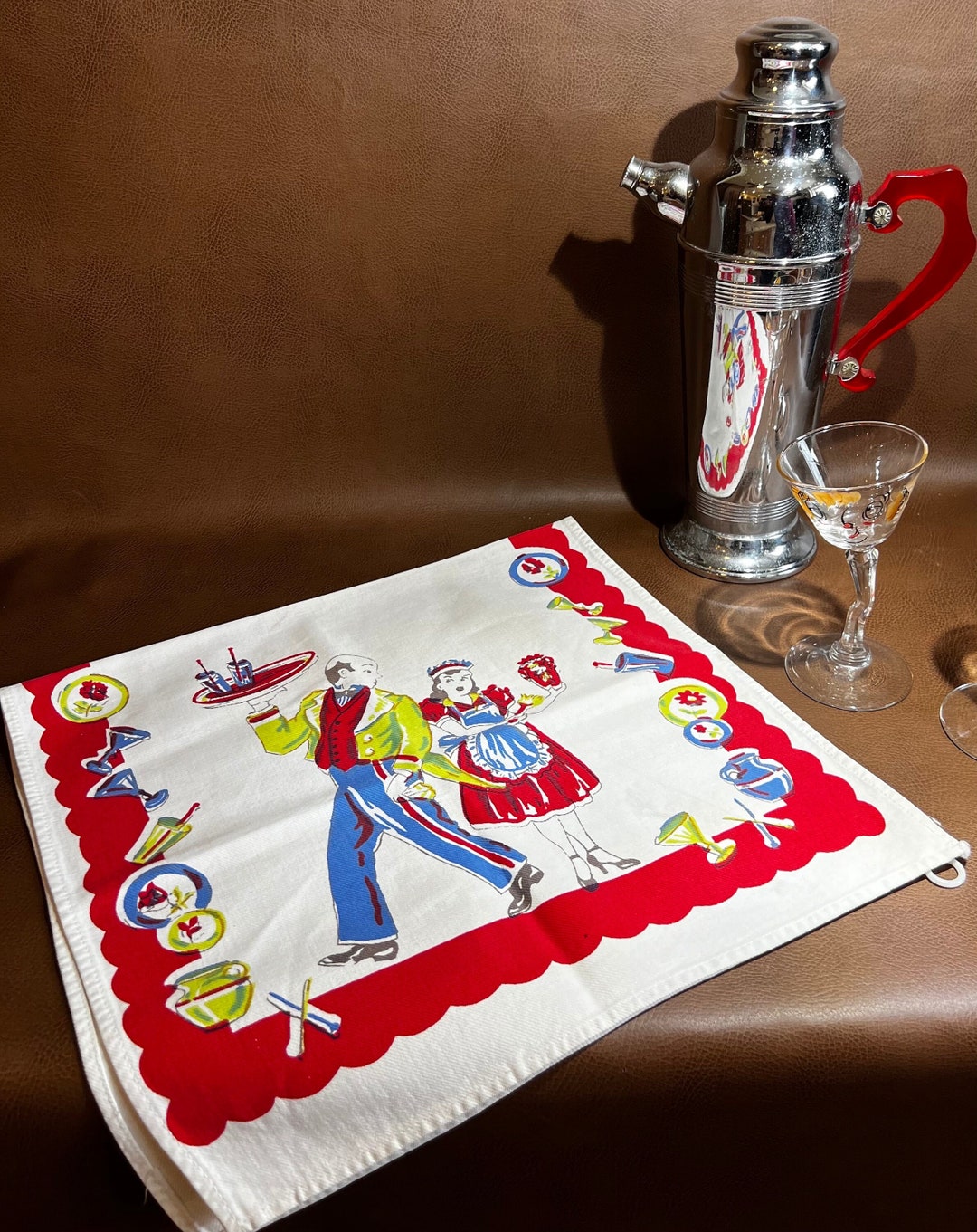 Vintage Mid Century Cocktail Table Cloth Panel Linen Libations ...