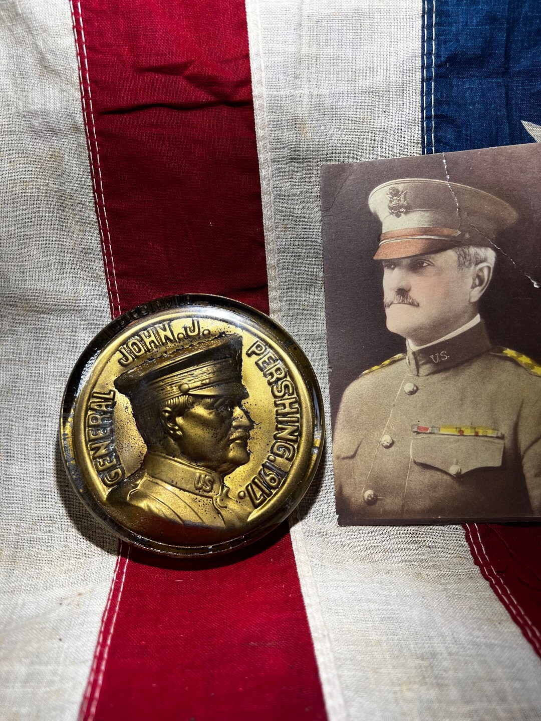 Original Antique WW1 General Pershing Glass Paper Weight Reverse ...