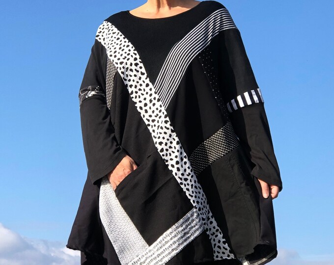 Black & White Funky Dress With Pockets Plus Size Polka Dots Stripes ...