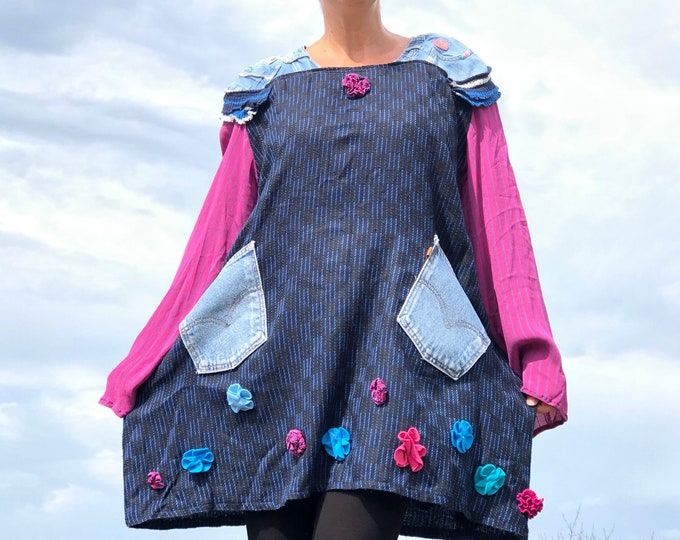 Handmade Flowers Floral Art Plus Size Tunic Dress Blue & Pink Stripes ...