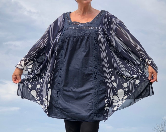 Unique Navy Blue Plus Size Trendy Tunic Dress Bohemian Oversized ...