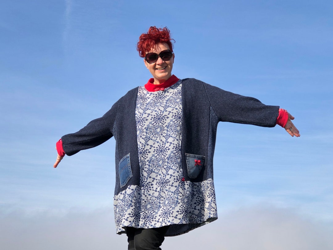 Navy Blue Red Pattern Sweaterdress One Size Upcycled Handmade - Etsy