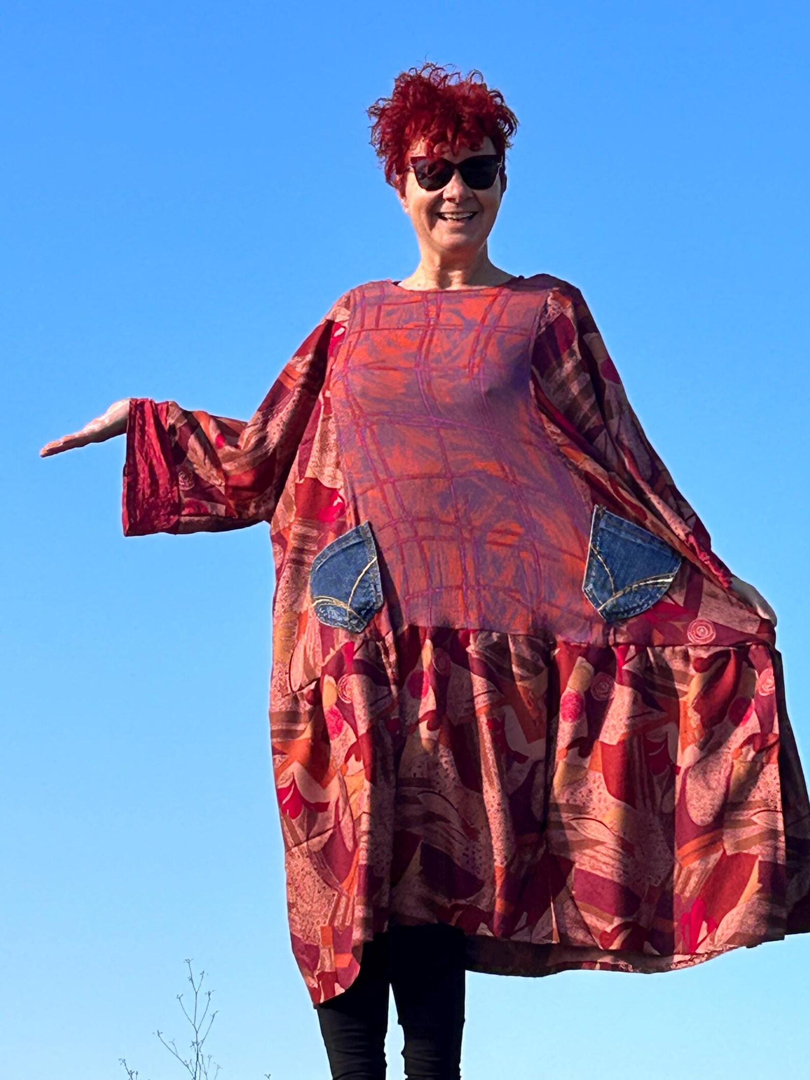 Plus-size Red Patchwork Dress: Upcycled Boho Tunic With Denim Pockets ...