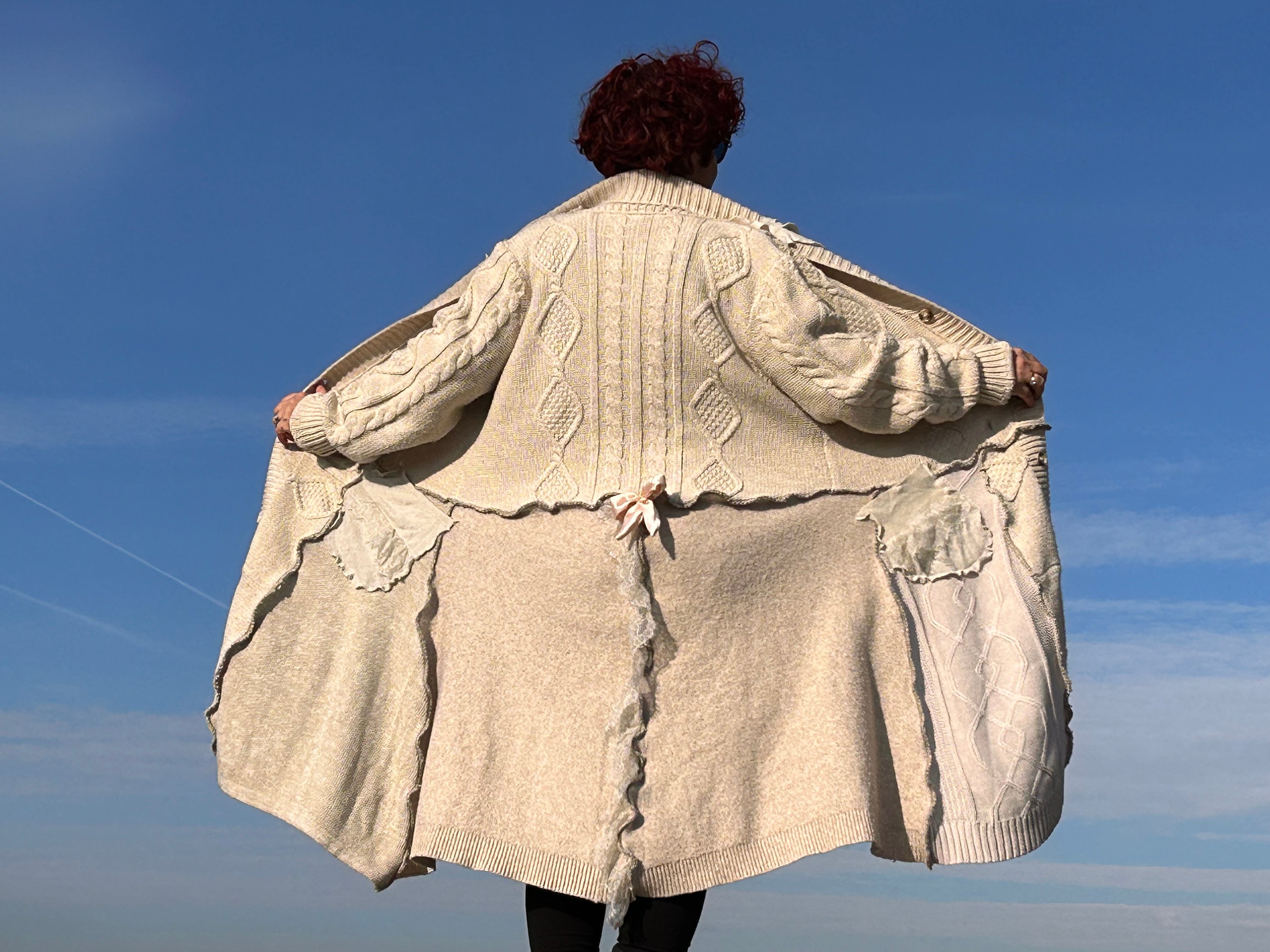 Lucky Girl Coat Long Off-white Patchwork Cardigan Coat One Size Cotton ...