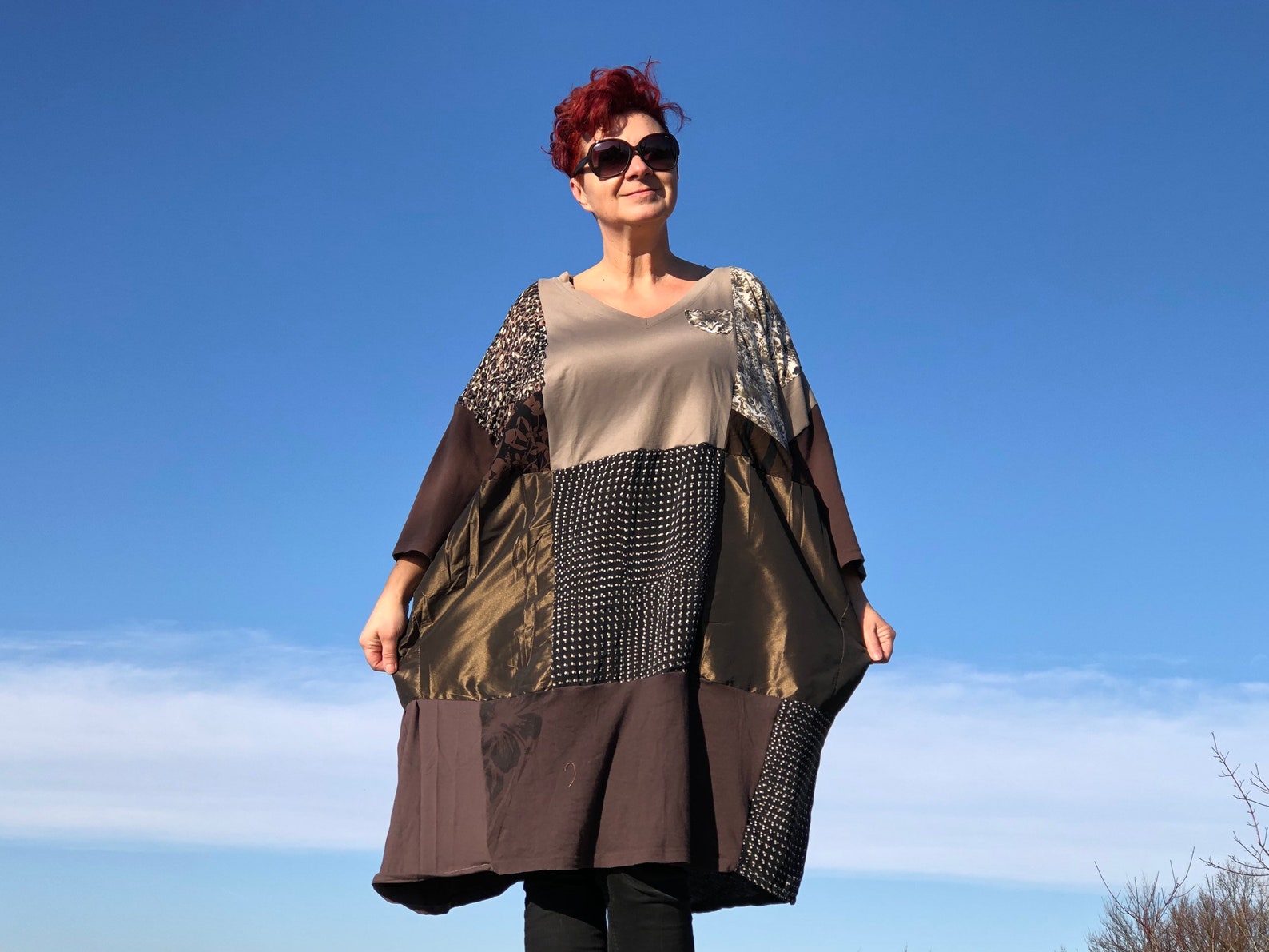 Brown Plus Size Funky Patchwork Dress Floral Pattern Mini - Etsy