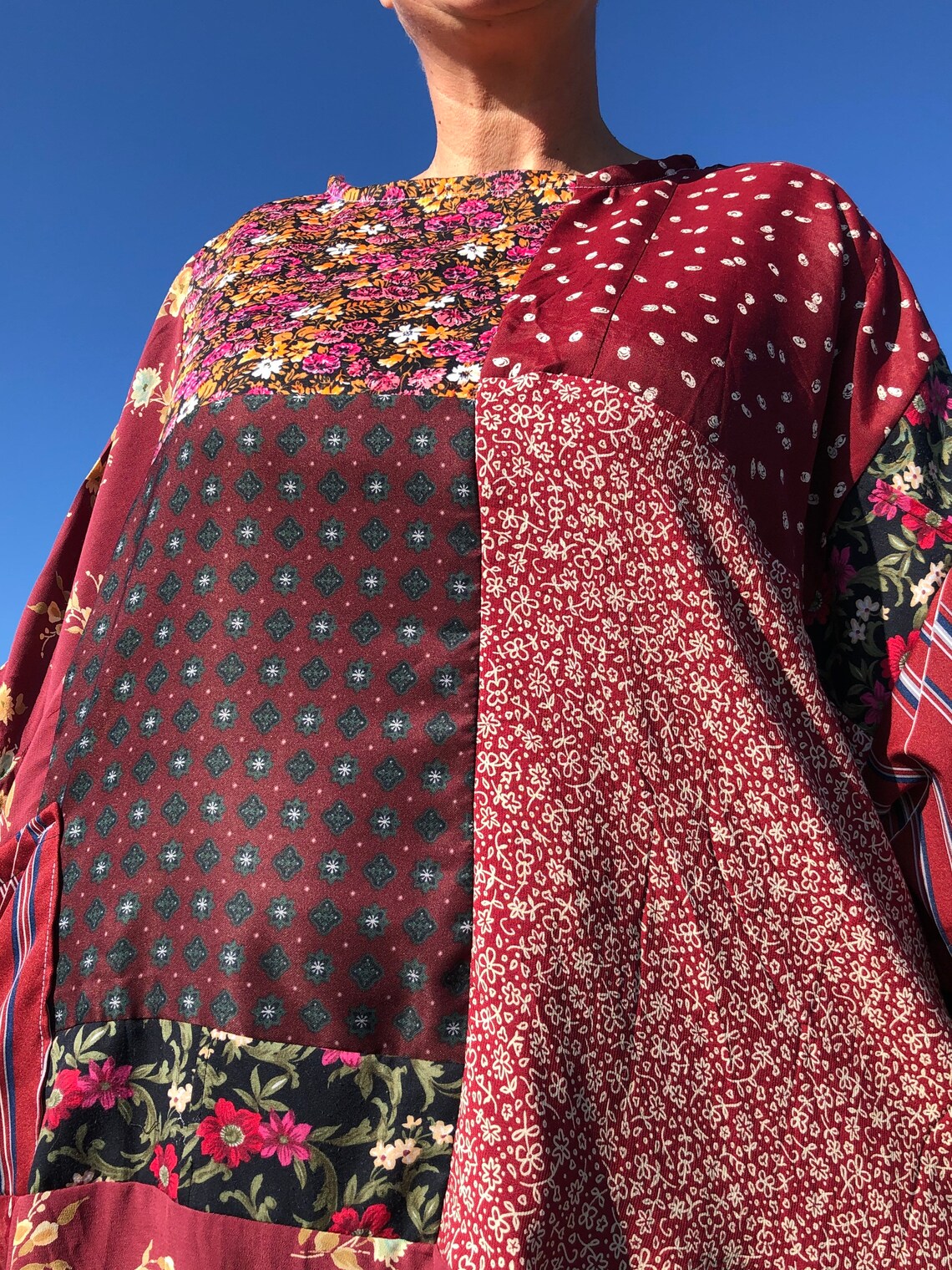 Burgundy Floral Pattern Plus Size Patchwork Dress Upcycled - Etsy