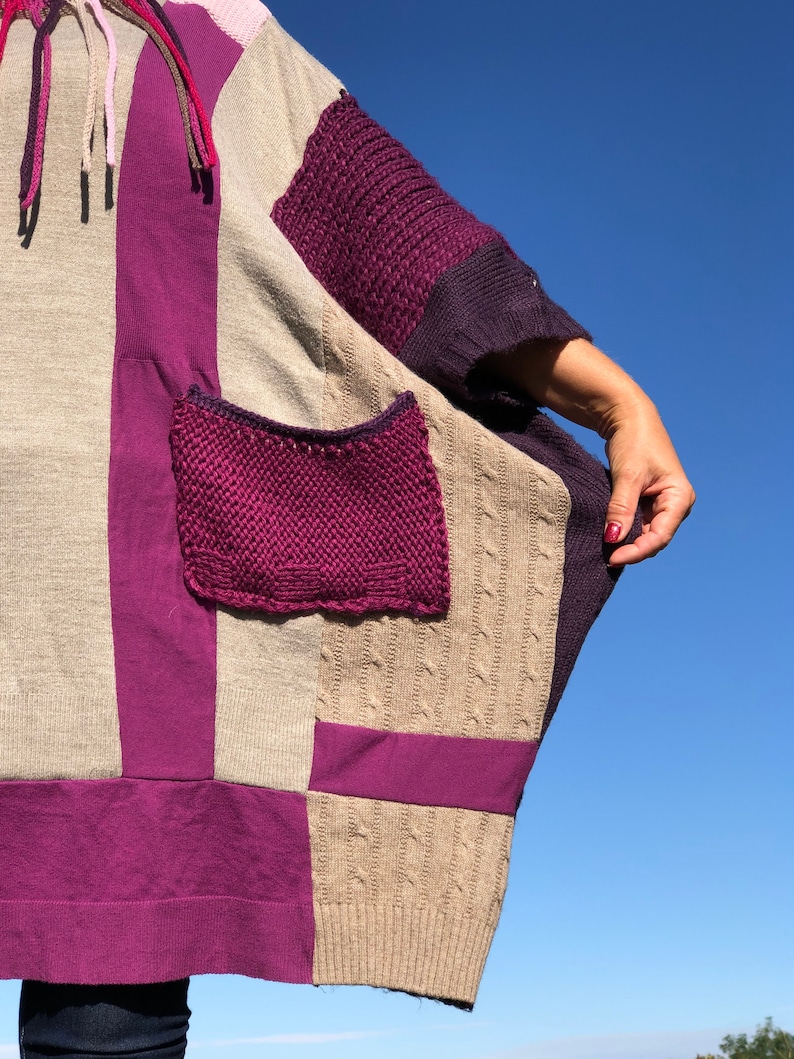 Purple & Gray Poncho Sweater Tunic Patchwork Streetwear Unique | Etsy