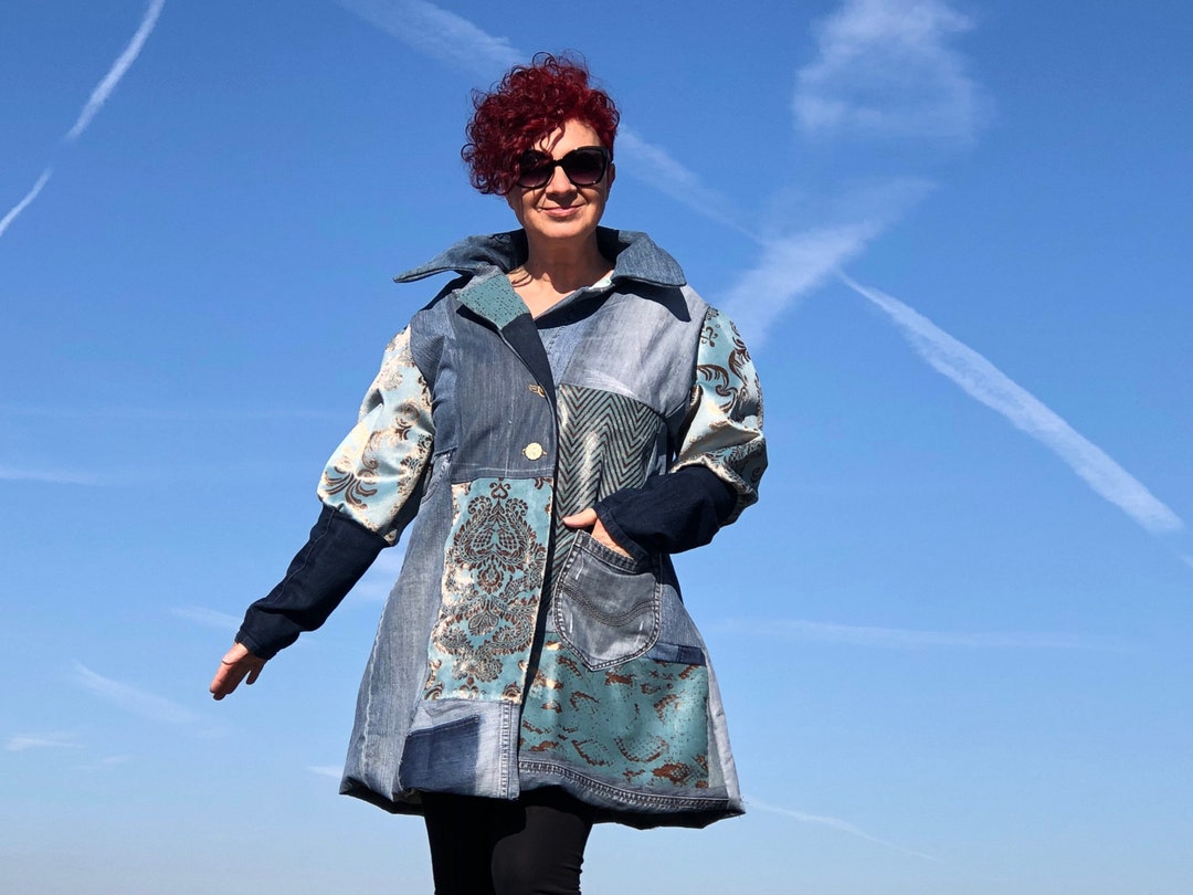 Handmade Denim Patchwork Coat: Upcycled Velvet Teal Jacket (M-L) - Etsy