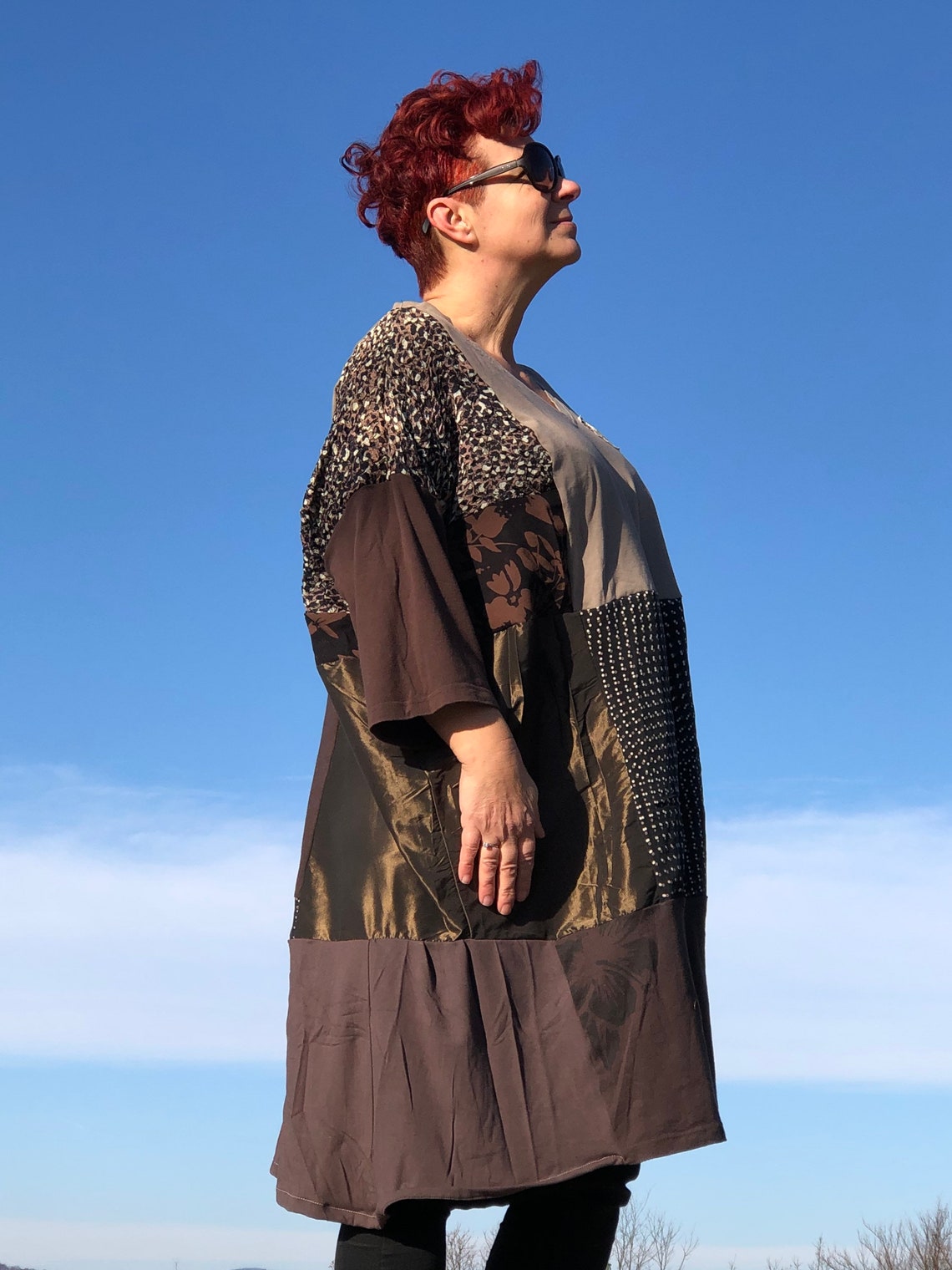 Brown Plus Size Funky Patchwork Dress Floral Pattern Mini | Etsy