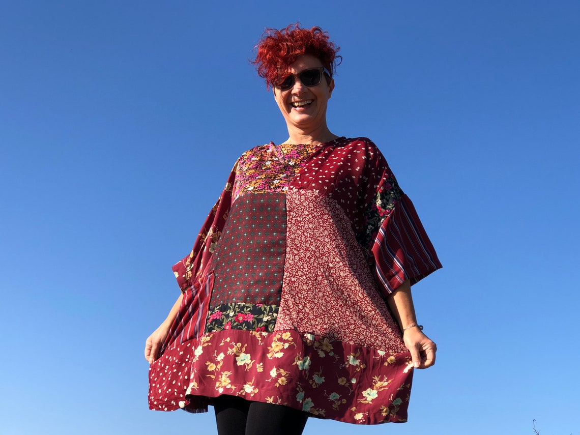 Burgundy Floral Pattern Plus Size Patchwork Dress Upcycled - Etsy