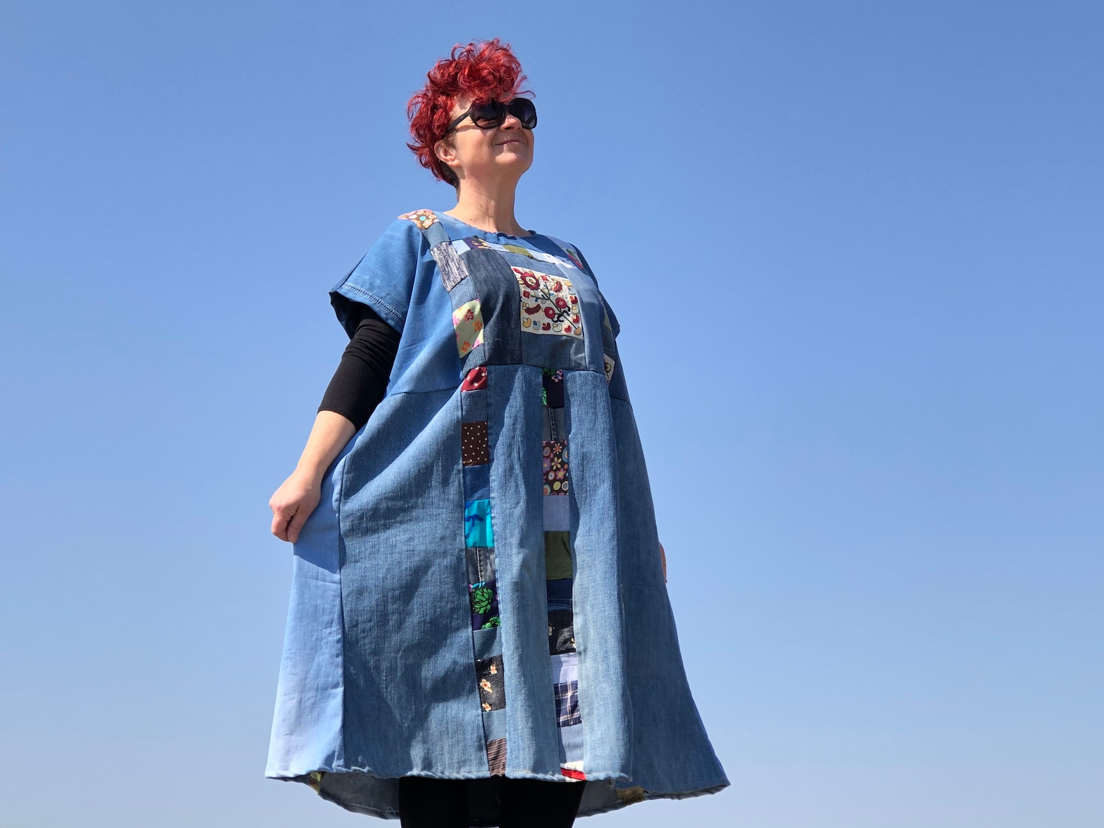 Denim Midi Dress Patchwork Plus-size Colorful Pattern Blue Jean Tunic ...