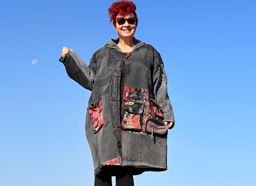 Feel Funky Bust 60 Grey Lined Denim Coat With Lots of Pockets- Unique ...