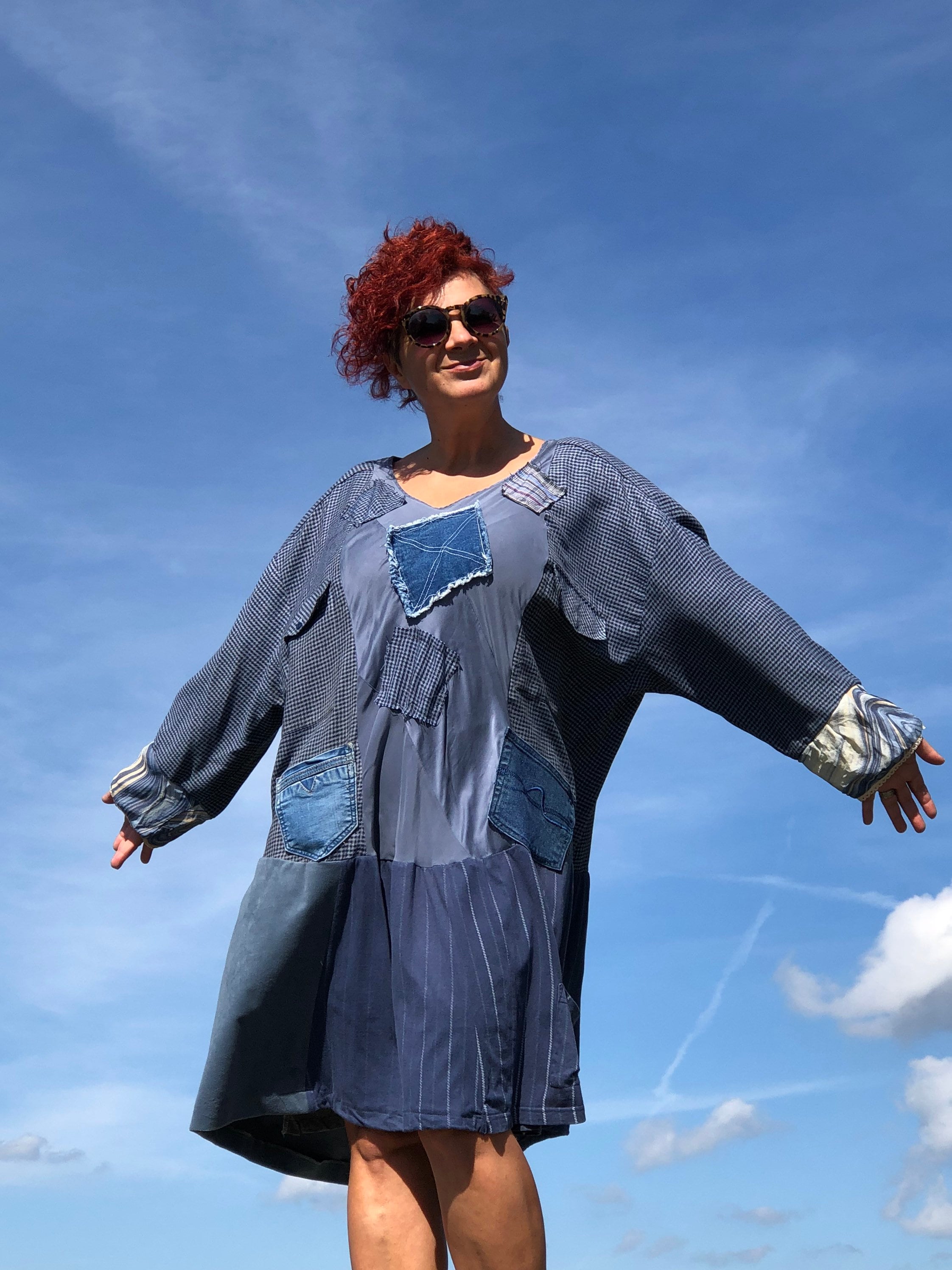Blue Midi Plus Size Dress With Denim Pockets Unique Handmade Upcycled ...