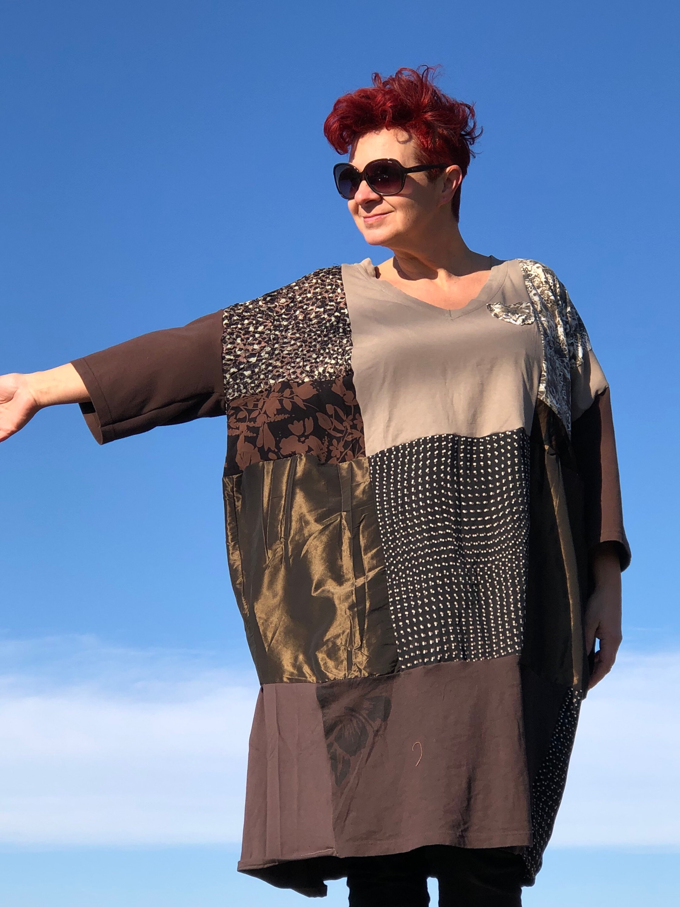 Brown Plus Size Funky Patchwork Dress Floral Pattern Mini Dress Tunic ...