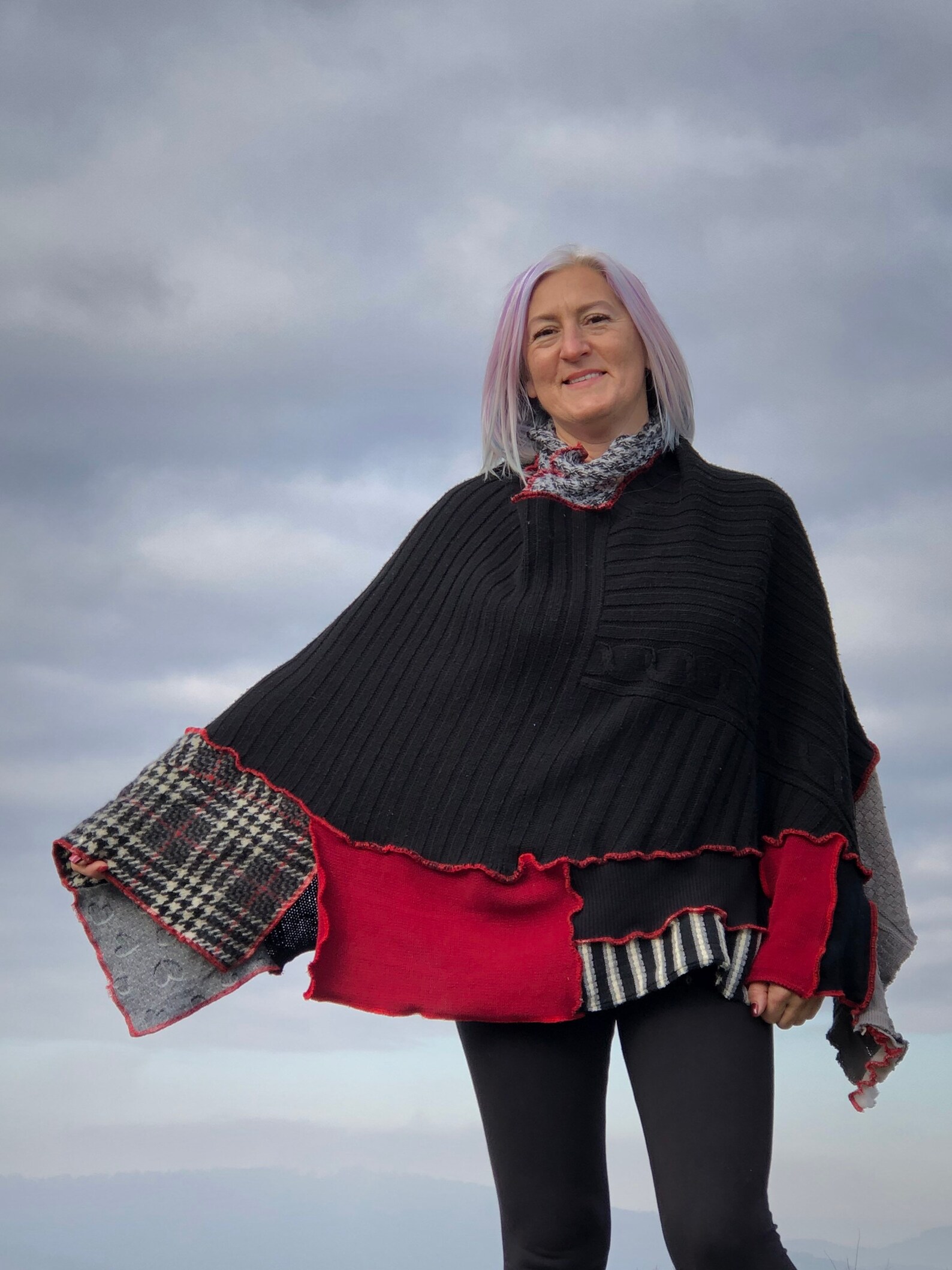 Black White Red Poncho Triangle Poncho for Women Upcycled - Etsy