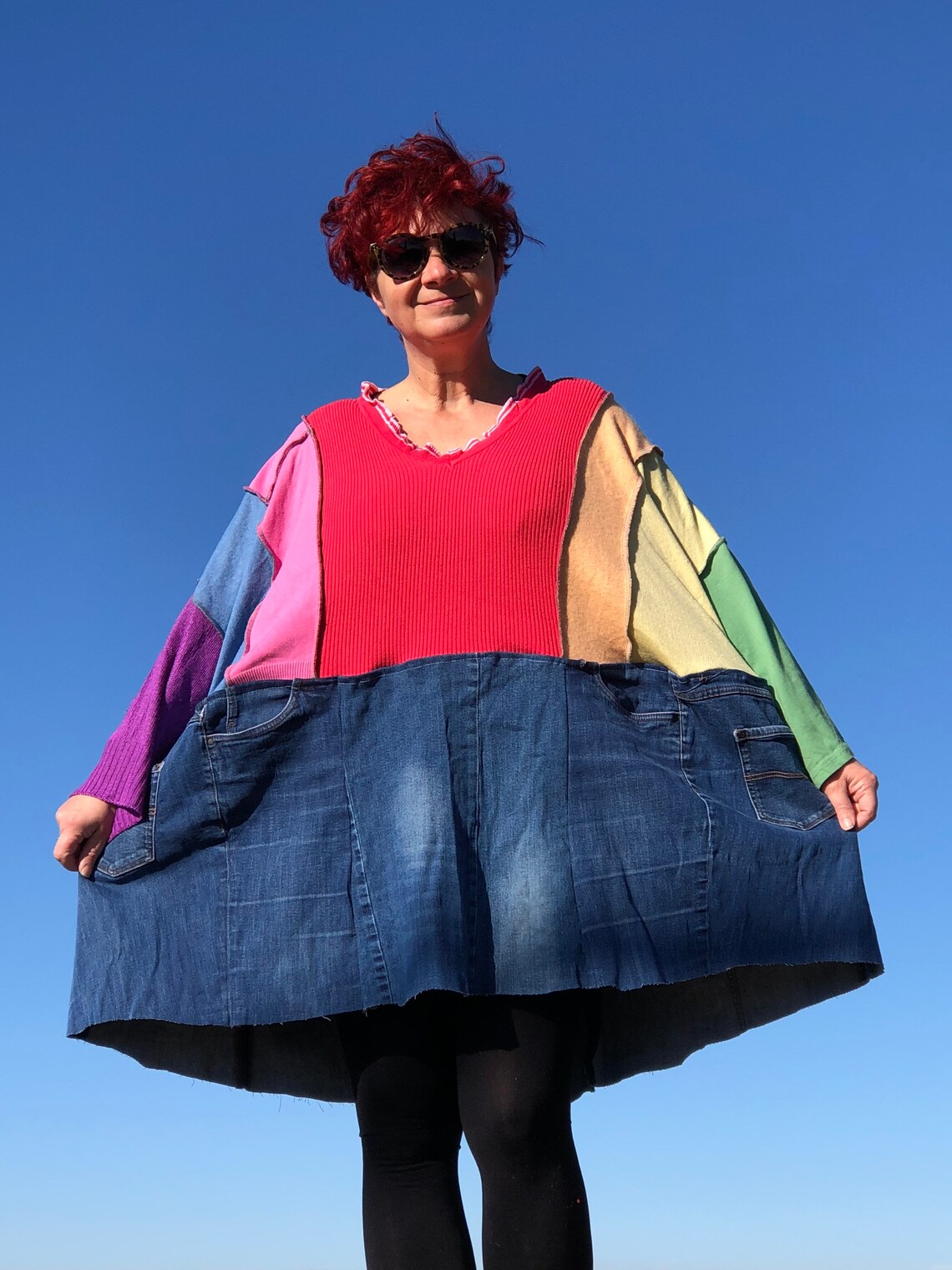 Rainbow Top Blue Denim Patchwork Plus Size Dress With Pocket | Etsy