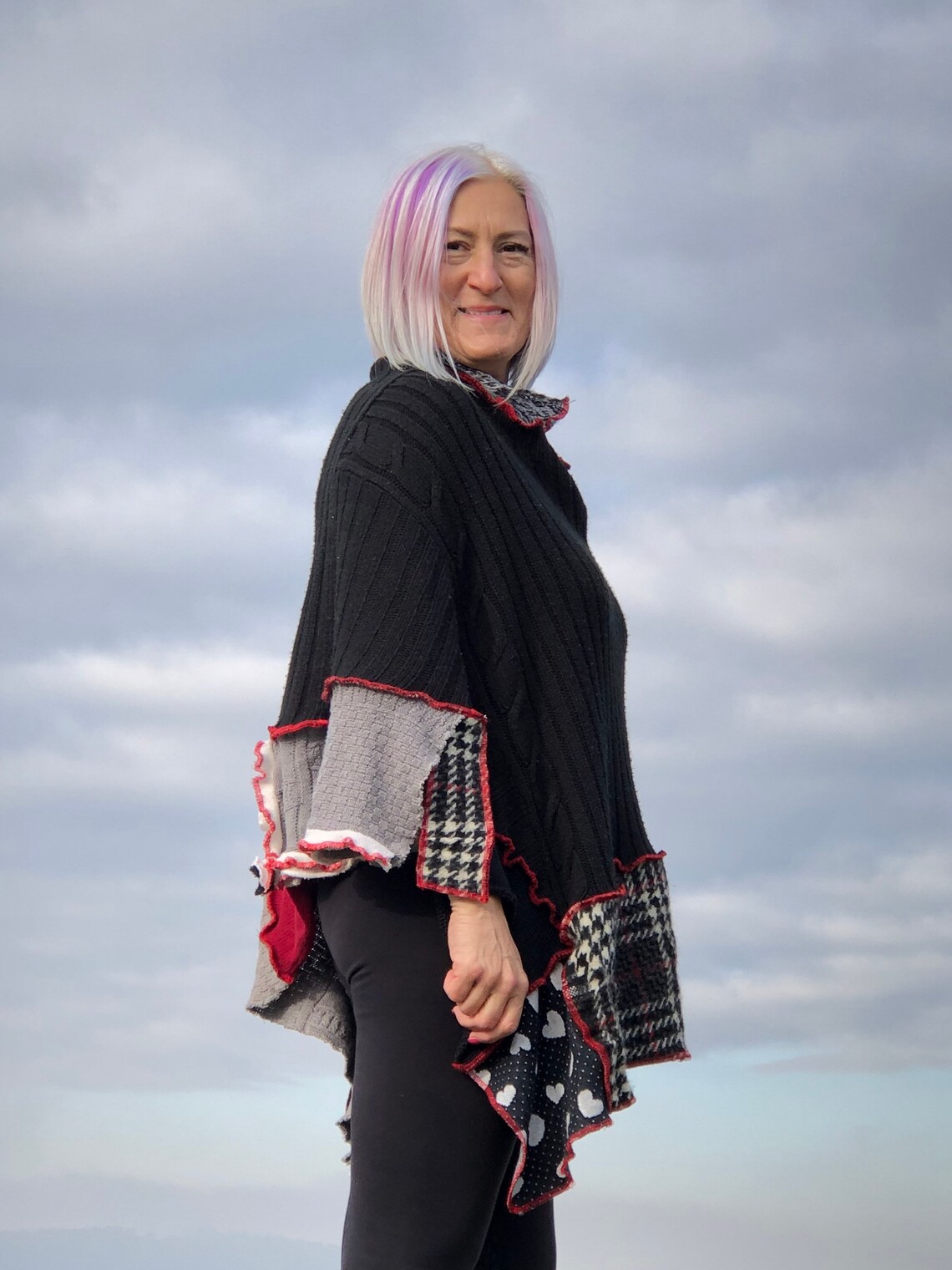 Black White Red Poncho Triangle Poncho for Women Upcycled | Etsy