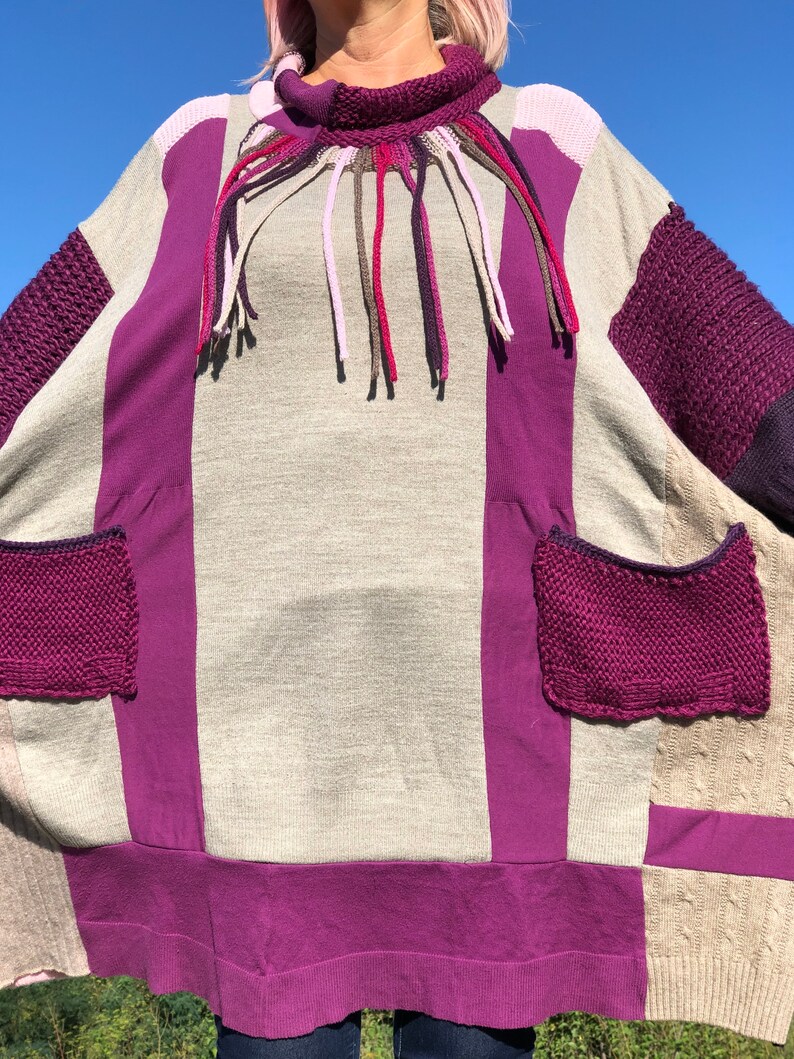 Purple & Gray Poncho Sweater Tunic Patchwork Streetwear Unique | Etsy