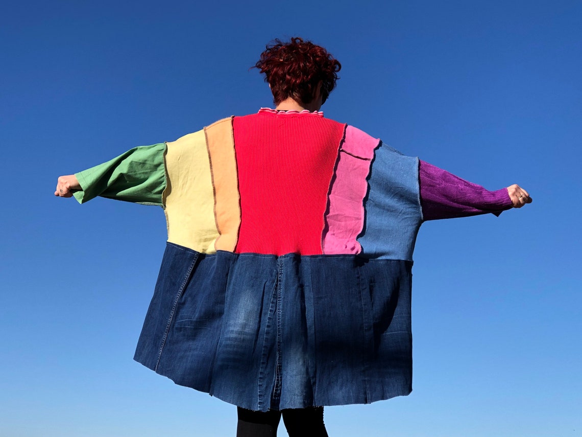 Rainbow Top Blue Denim Patchwork Plus Size Dress With Pocket - Etsy