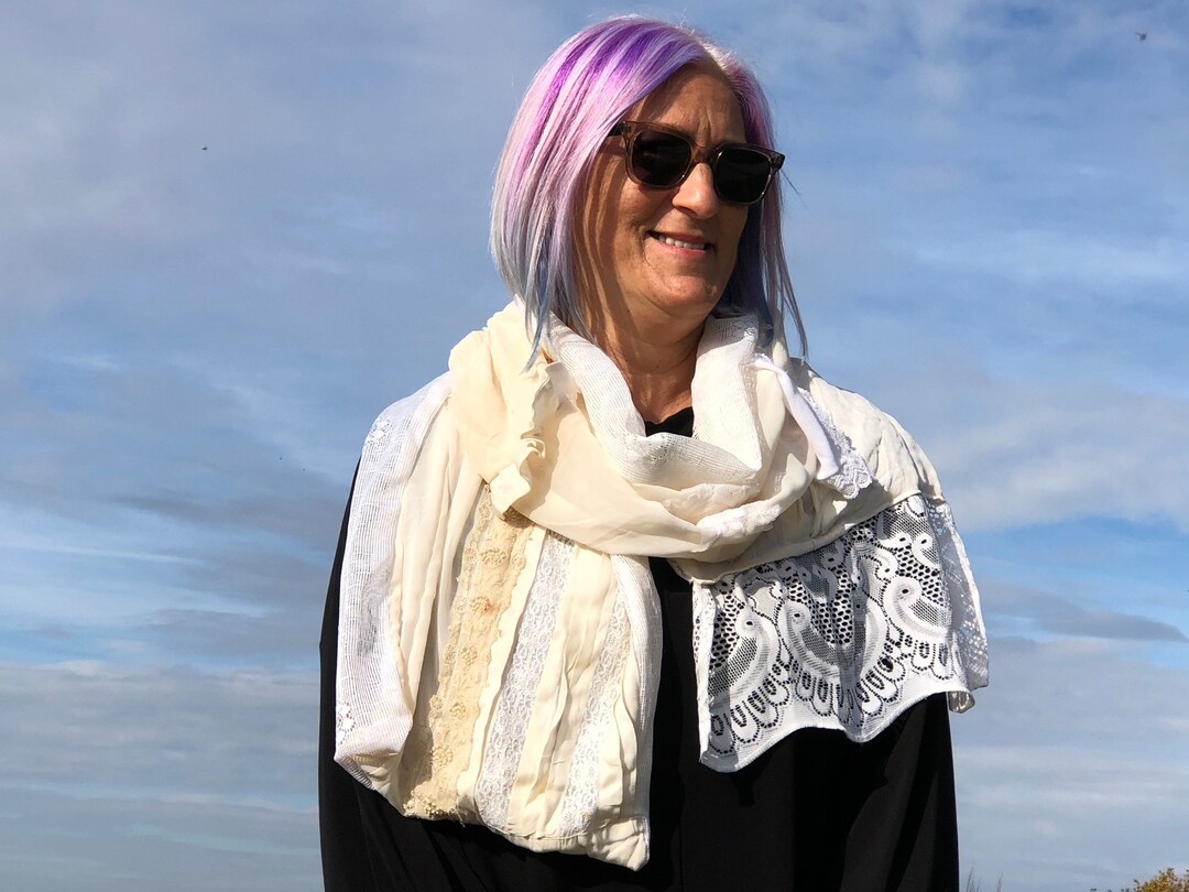 White and off White Long Statement Scarf for Women Upcycled Handmade ...